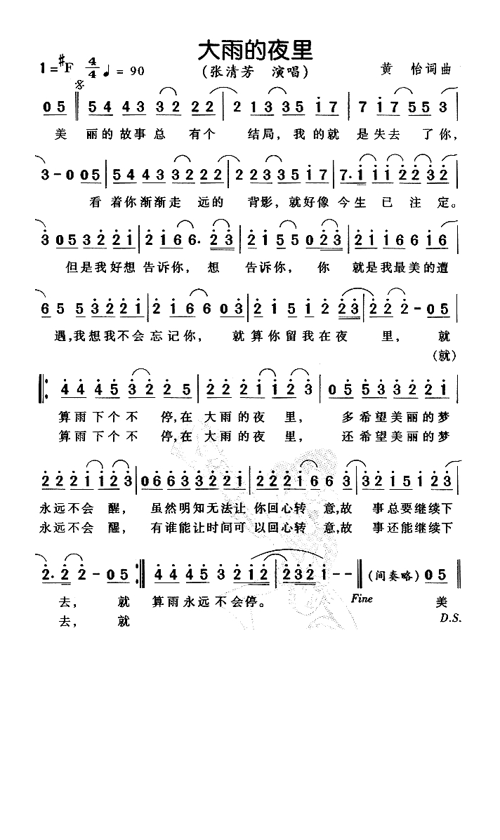 张清芳【大雨的夜里】歌曲曲谱歌谱简谱下载【风雅颂歌谱网】动态伴奏演唱演奏视唱简谱歌谱曲谱高质量图片pdf下载网
