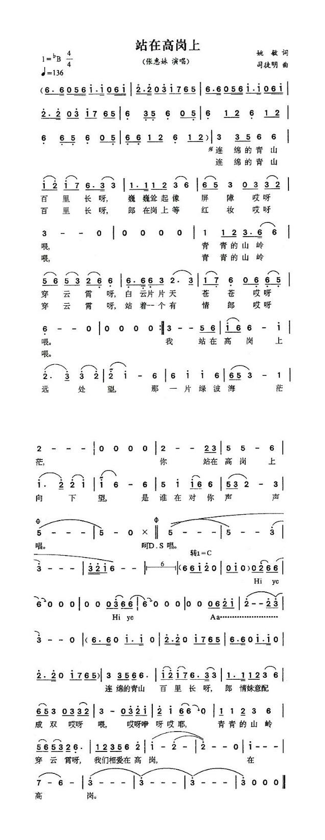 张惠妹【站在高岗上】歌曲曲谱歌谱简谱下载【风雅颂歌谱网】动态伴奏演唱演奏视唱简谱歌谱曲谱高质量图片pdf下载网