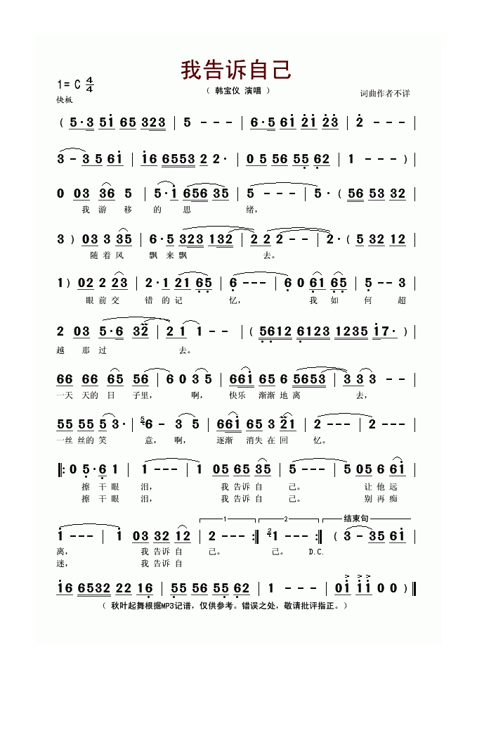 韩宝仪【我告诉自己】歌曲曲谱歌谱简谱下载【风雅颂歌谱网】动态伴奏演唱演奏视唱简谱歌谱曲谱高质量图片pdf下载网
