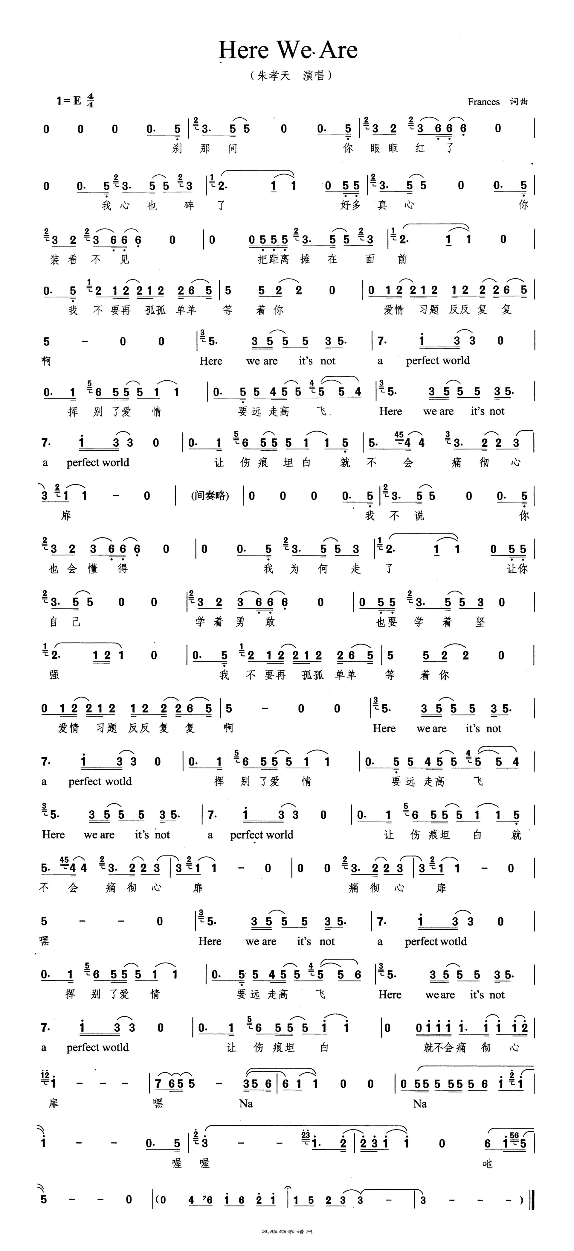 朱孝天【Here We Are】歌曲曲谱歌谱简谱下载【风雅颂歌谱网】动态伴奏演唱演奏视唱简谱歌谱曲谱高质量图片PDF下载网